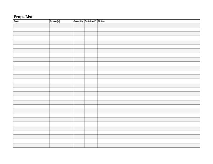 Props List Template, Stage Manager, Props Master - Etsy