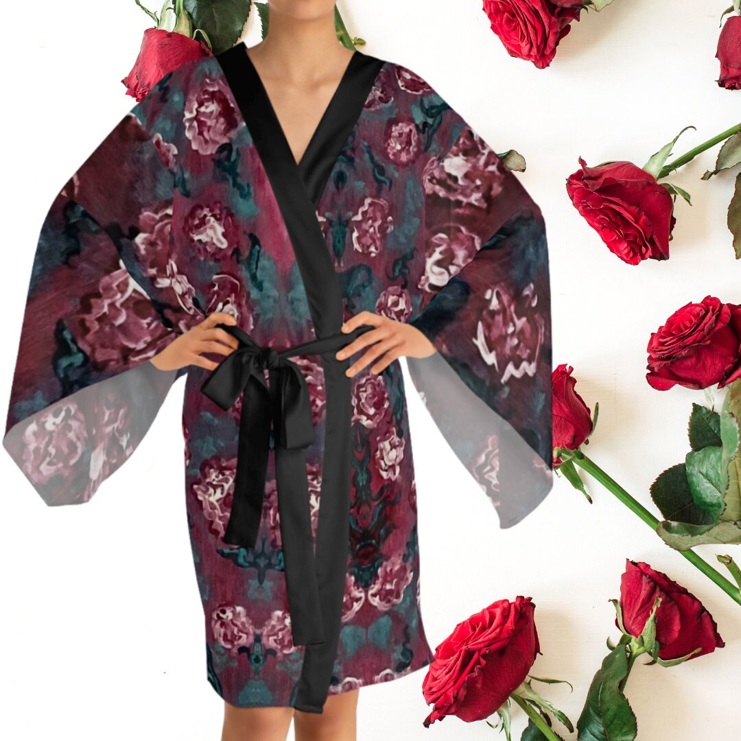 Floral Roses Kimono Hand Painted Robe Smooth Silky Boho Dress Long ...