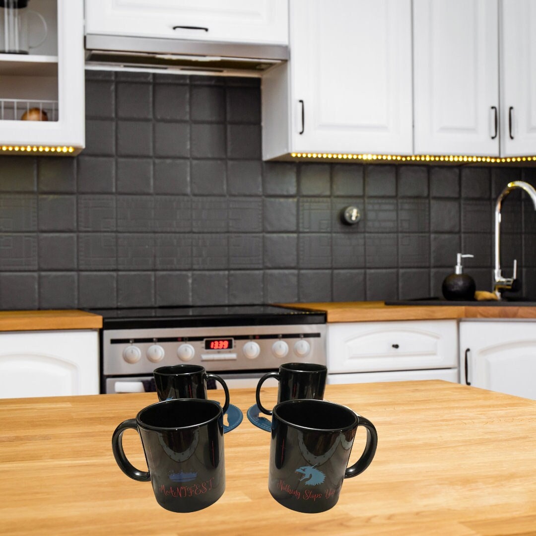 Empowering Black Mug Set With Blue Wolf and Crown Designs Manifest Your ...