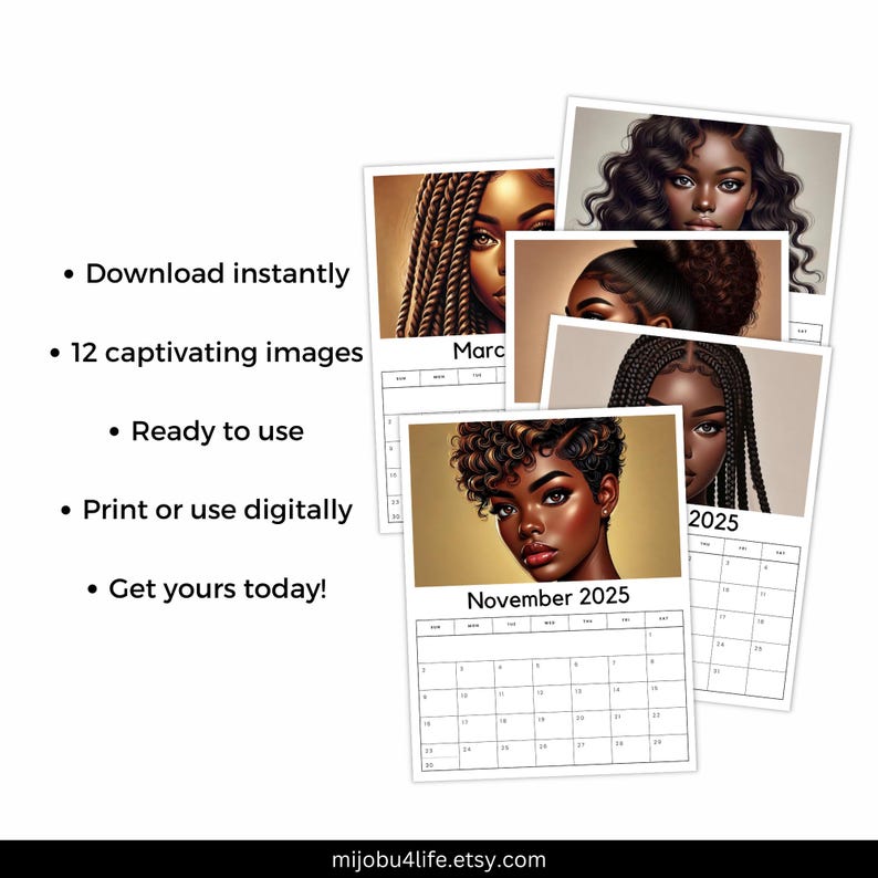 2025 Calendar - Black Hair Calendar - Digital Calendar - Digital ...