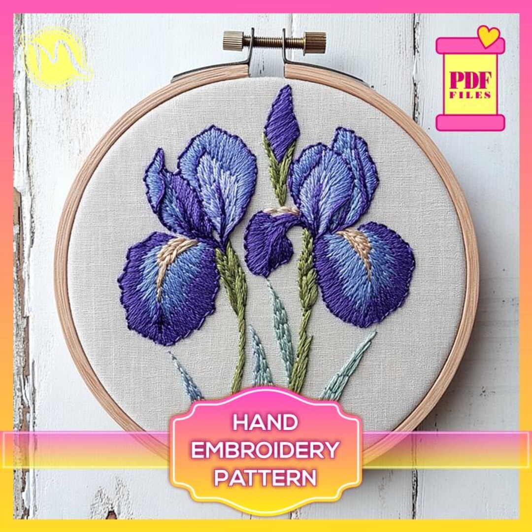 Hand Embroidered Purple Iris Floral Art, Satin Stitch Botanical ...