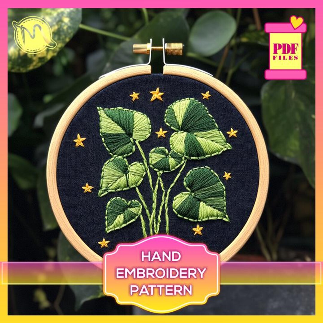 Green Leaf Plant Embroidery Pattern 2 With Golden Stars – Hand ...