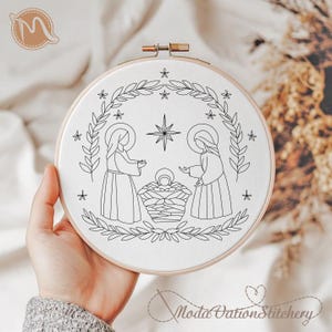Serene Nativity Scene Satin Stitch Embroidery Pattern: Mary, Joseph, and Baby Jesus. Satin ...