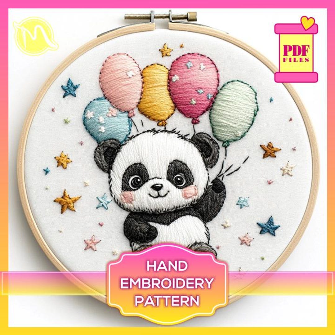 Cute Panda Embroidery Pattern - Adorable Panda With Balloons and Stars ...