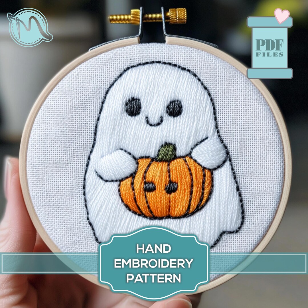Cute Ghost Hand Embroidery Pattern | Ghost and Pumpkin Embroidery ...