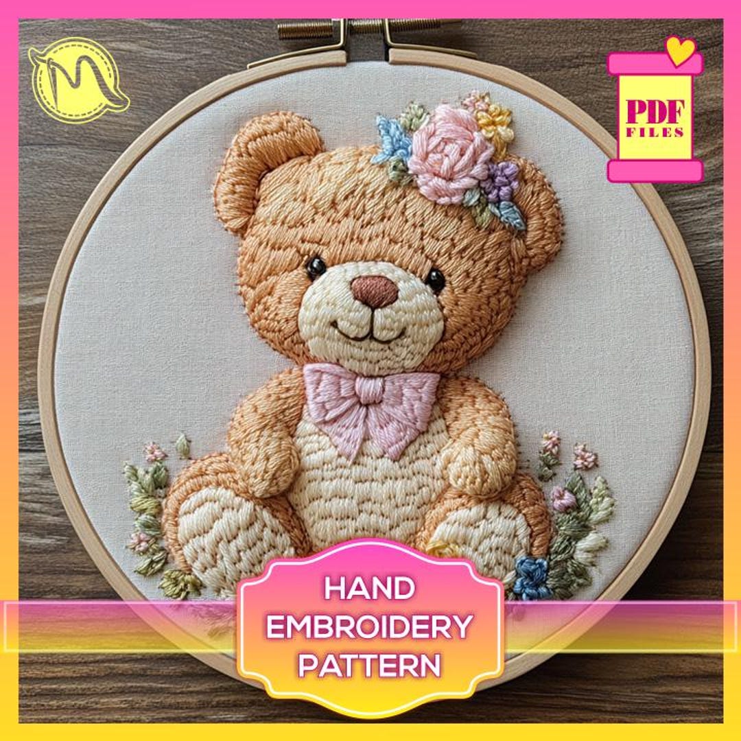 Teddy Bear Flowers Embroidery Pattern: Satin Stitch Template (digital ...