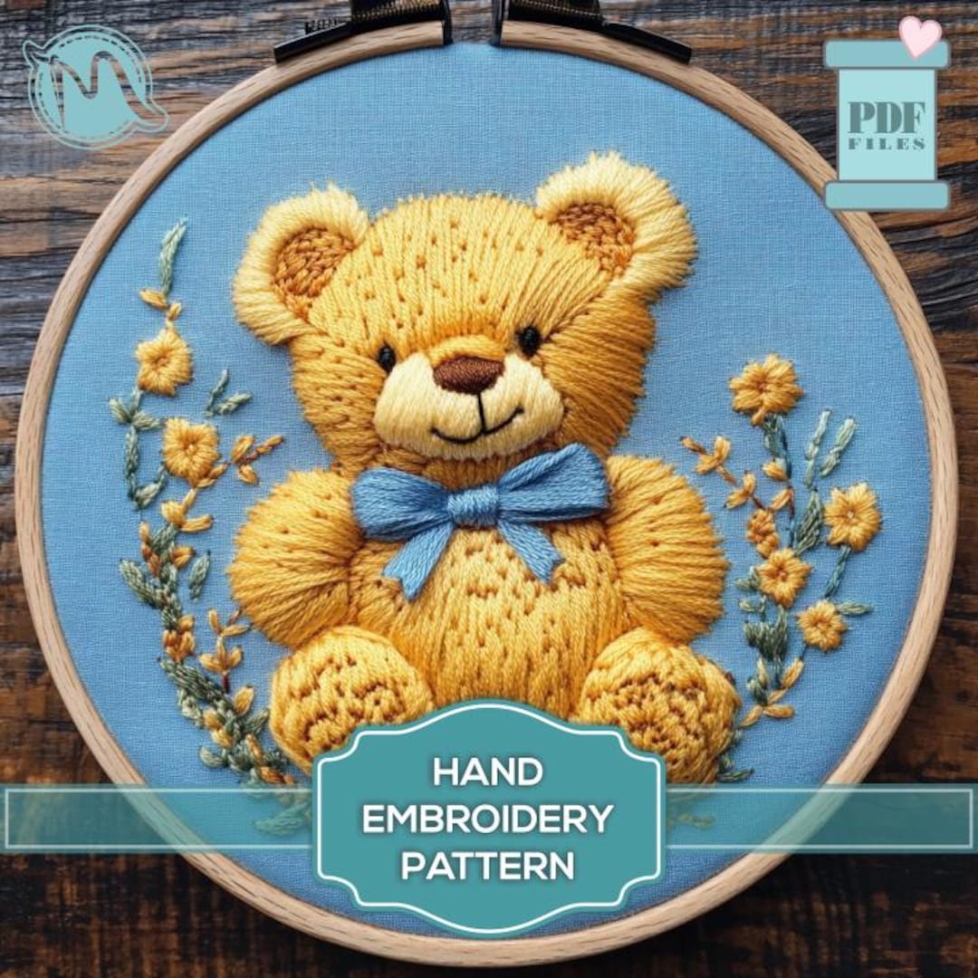 Teddy Bear With Blue Bow Satin Stitch Embroidery Pattern: Adorable ...