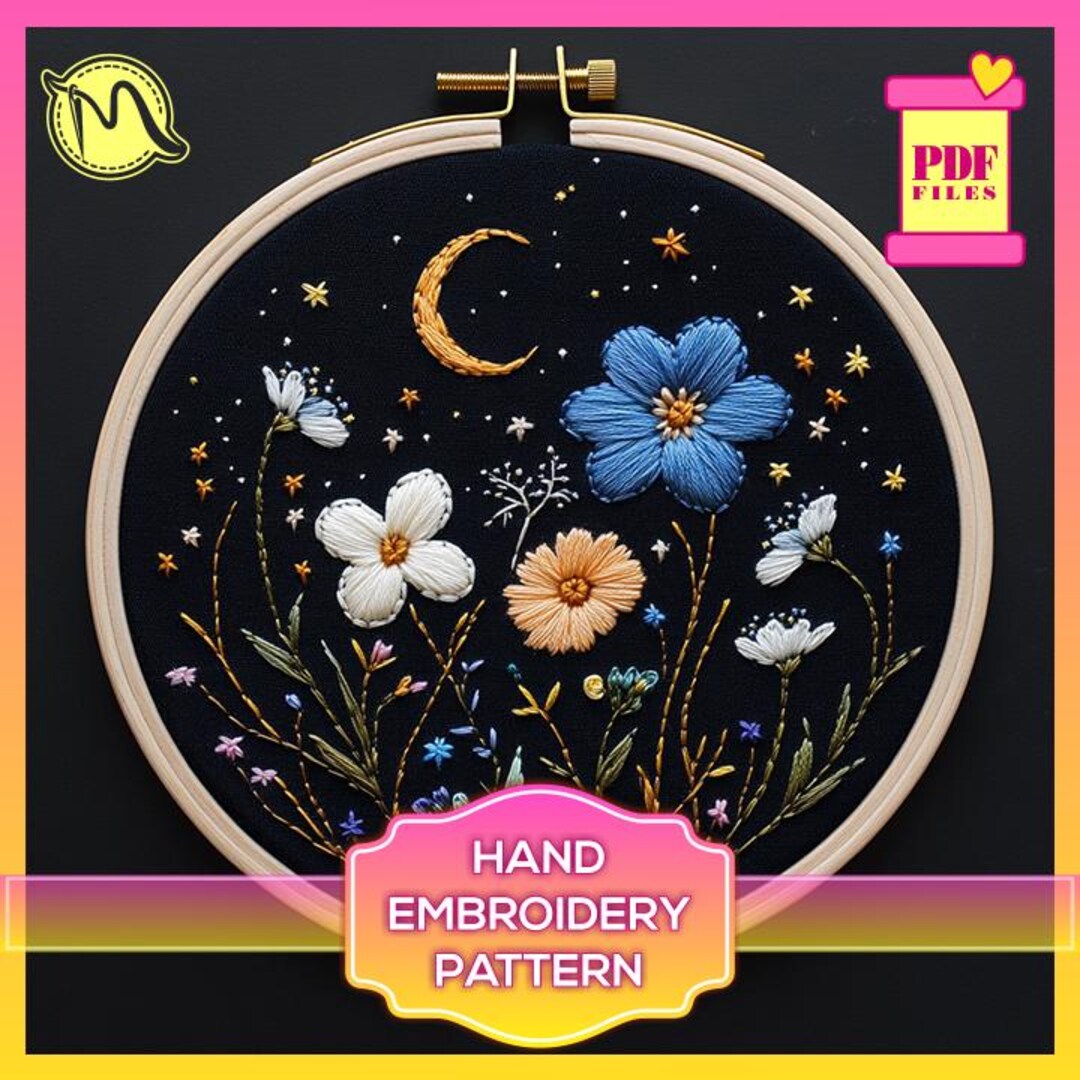 Celestial Embroidery Pattern: Night Garden, Moon, Stars (PDF Pattern ...