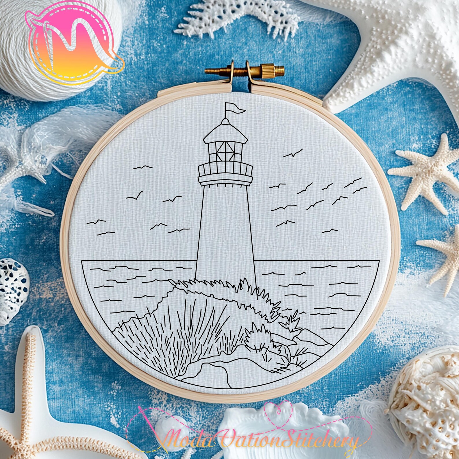 Coastal Lighthouse Embroidery Pattern – Seaside Landscape (digital ...