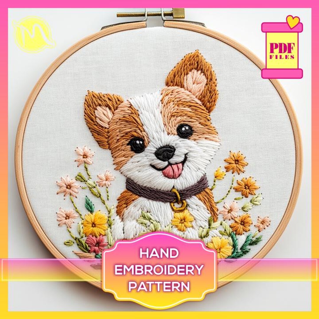 Adorable Puppy Embroidery Pattern With Flowers - Cute Dog Embroidery ...