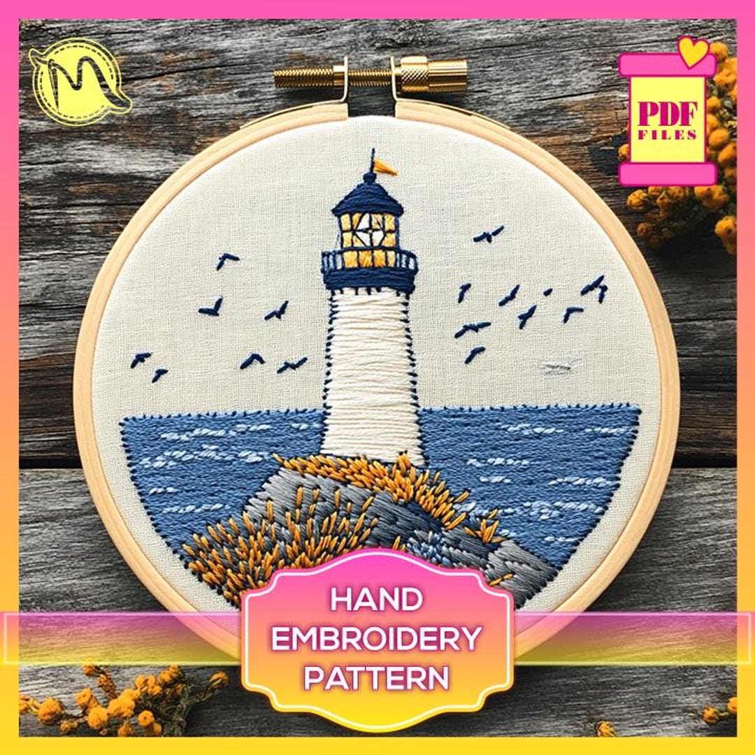 Coastal Lighthouse Embroidery Pattern – Seaside Landscape (digital ...