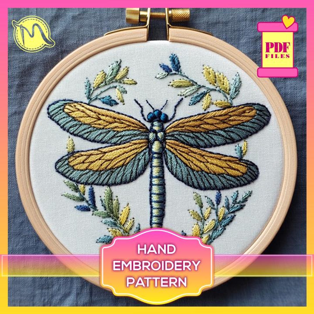 Dragonfly Embroidery Pattern – Hand Embroidery Design With Botanical ...