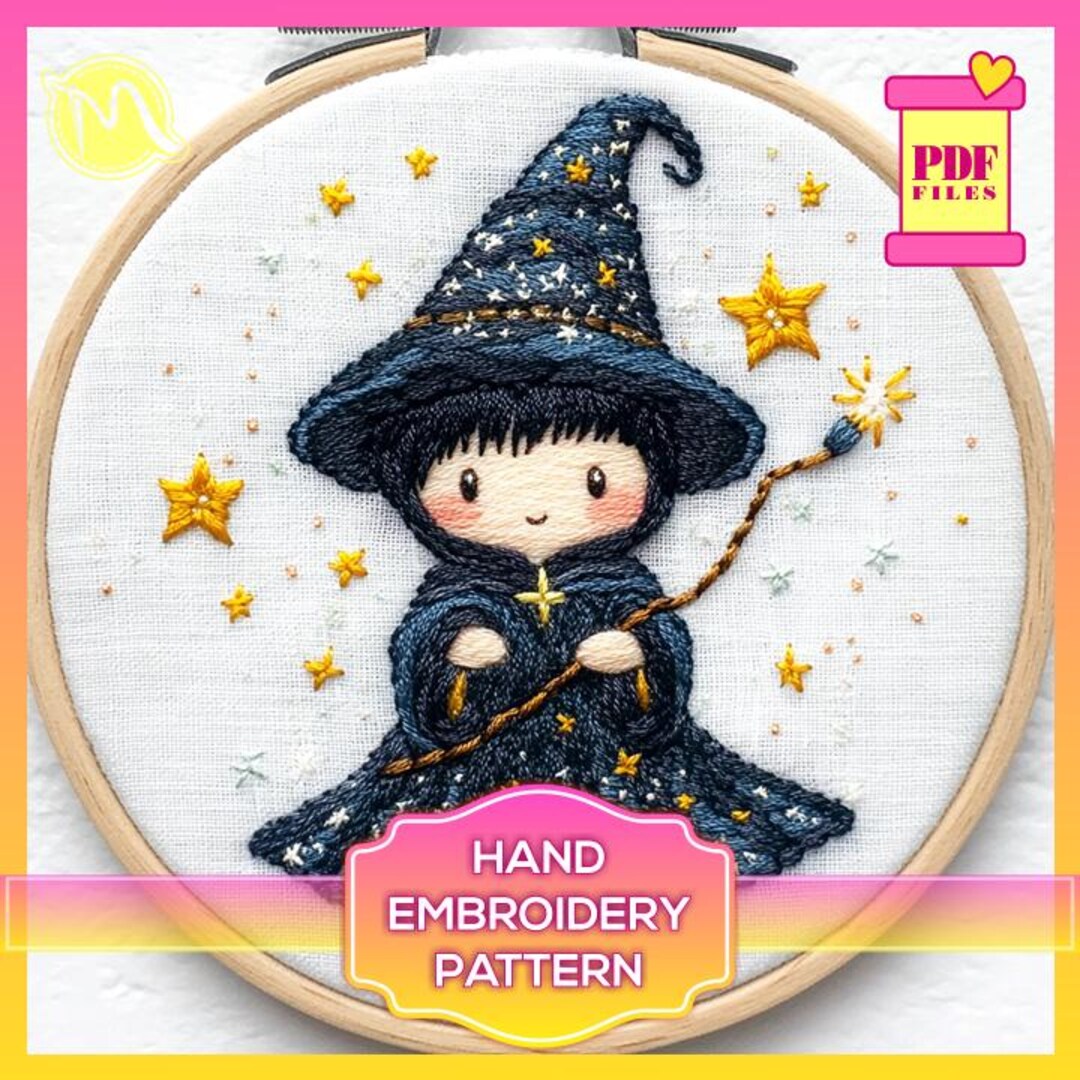 Adorable Little Witch Embroidery Pattern. Magic Wand & Halloween Charm ...