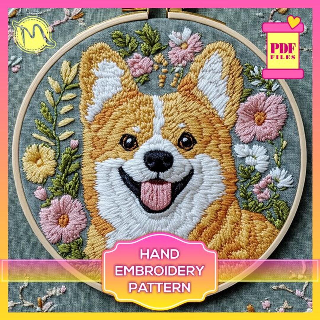 Cute Corgi Dog Satin Stitch Embroidery Pattern – Adorable Corgi in Hoop ...