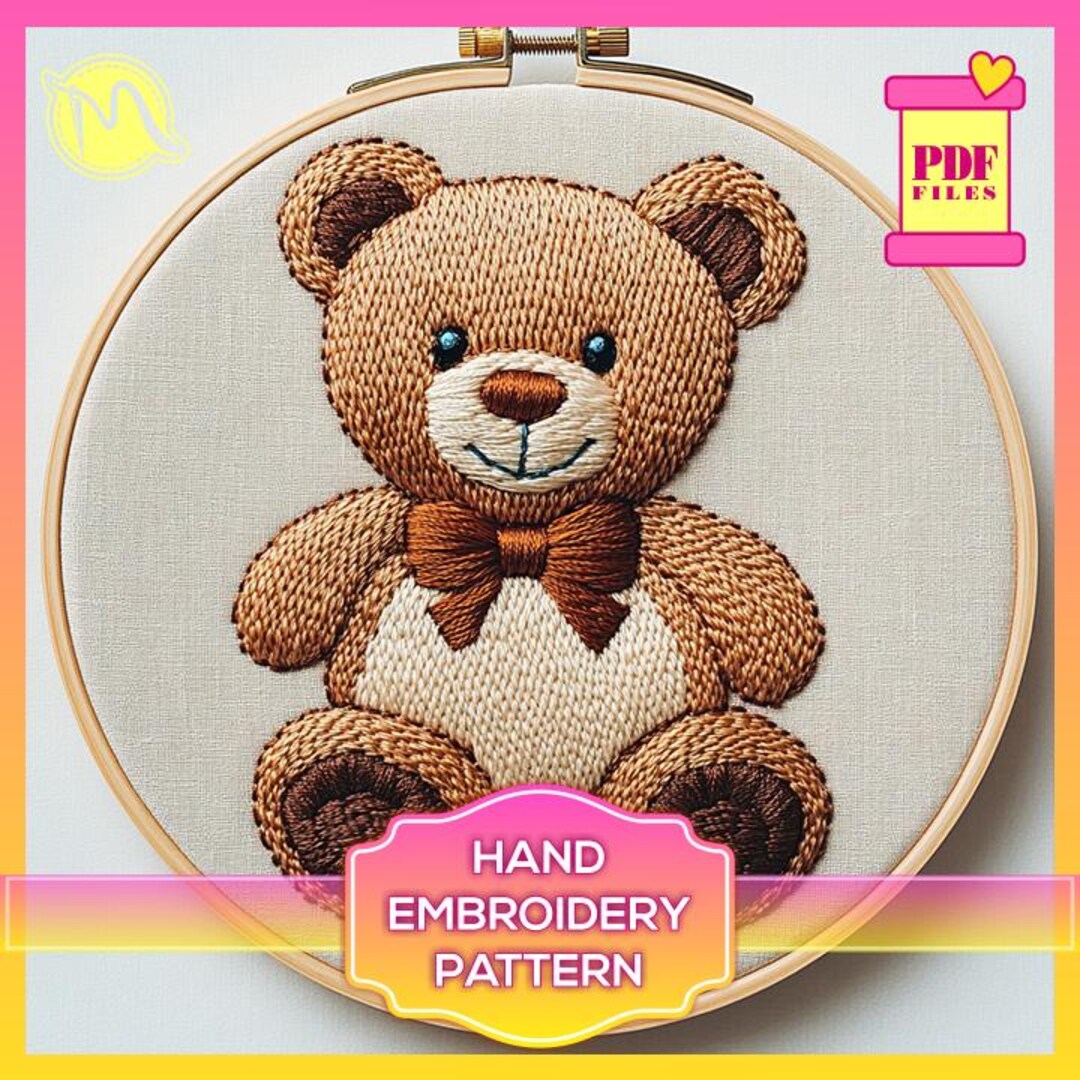 Teddy Bear Embroidery Pattern – Satin Stitch Bow Tie Design (PDF ...