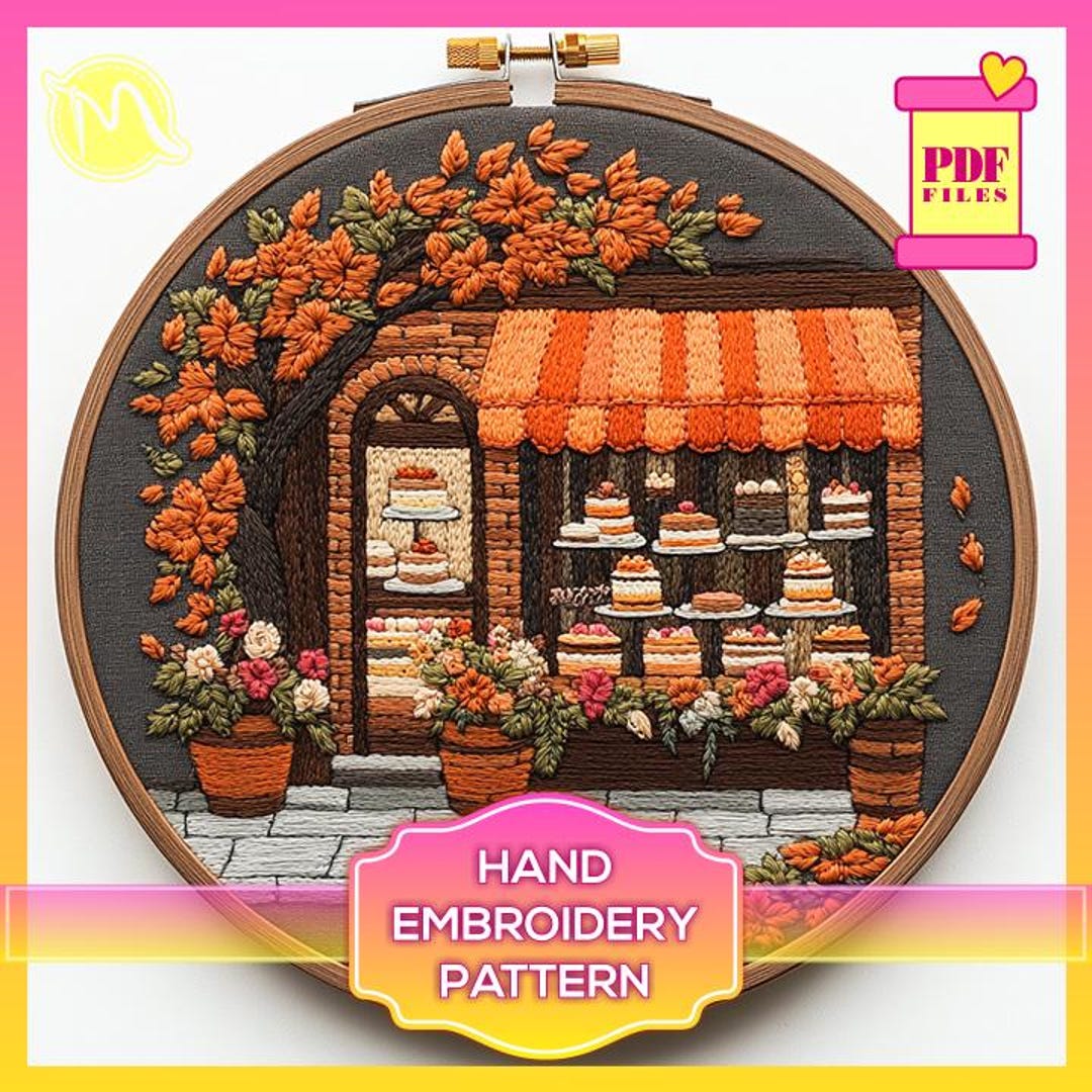 Little Sweet Cafe Bakery in the Fall - Hand Embroidery Pattern. Satin ...