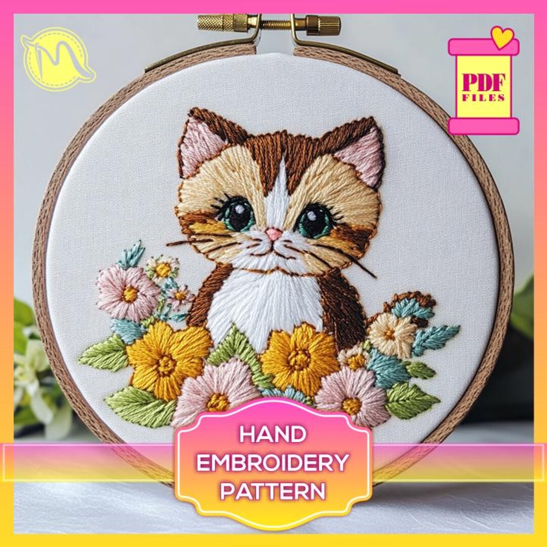 Kitty Cat in the Flowers Embroidery Pattern 3 – Hand Stitch Design for ...