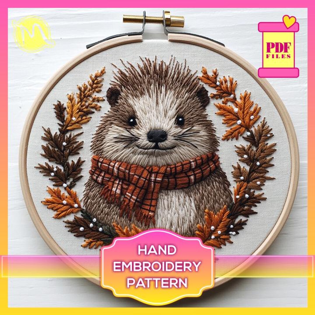 Adorable Porcupine Embroidery Pattern – Autumn Forest Animal With Scarf ...