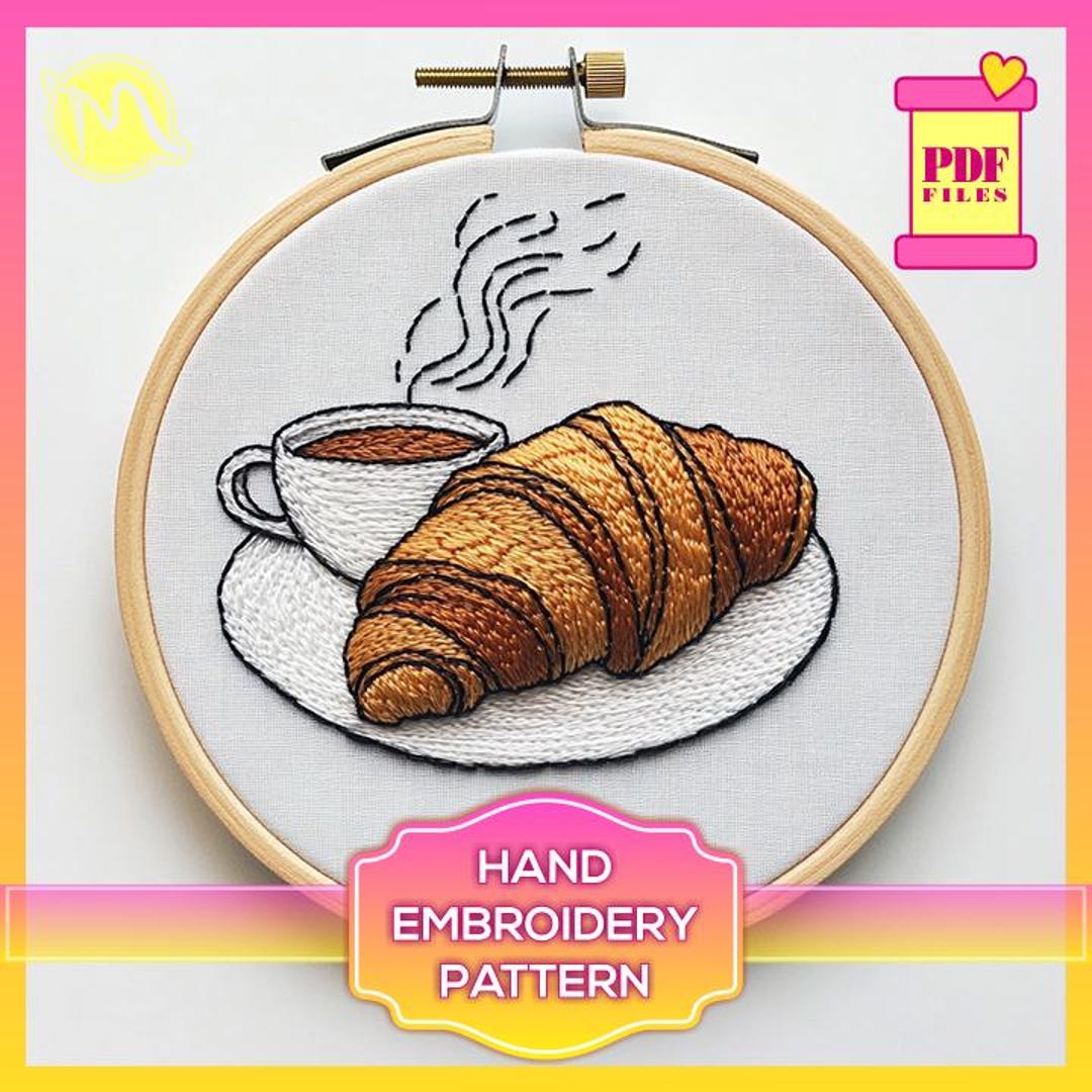 Croissant and Coffee Embroidery Pattern – Breakfast Design (digital ...