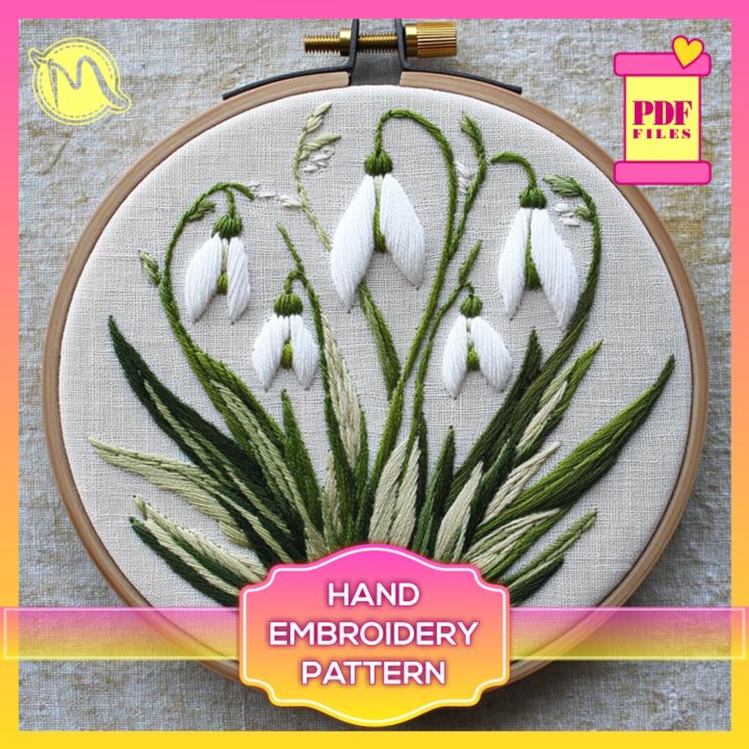 Snowdrop Hand Embroidery Pattern - Satin Stitch Floral Design. Satin ...