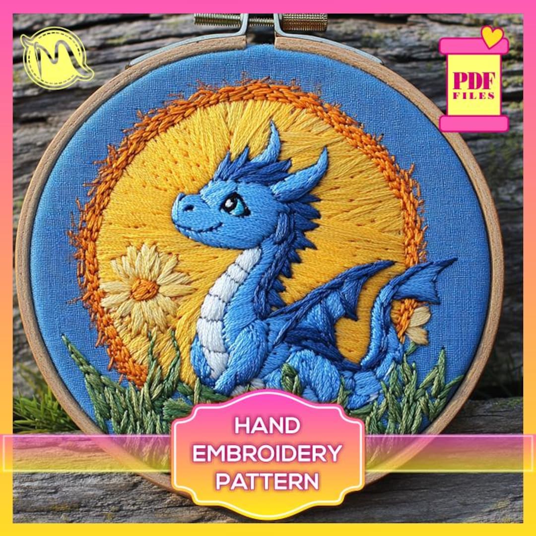 Blue Dragon Hand Embroidery Pattern - Whimsical Satin Stitch (PDF ...