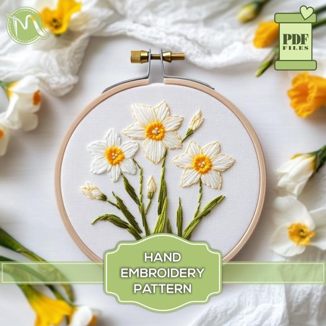 Daffodils Embroidery Pattern: Elegant Satin Stitch Floral Design (PDF ...
