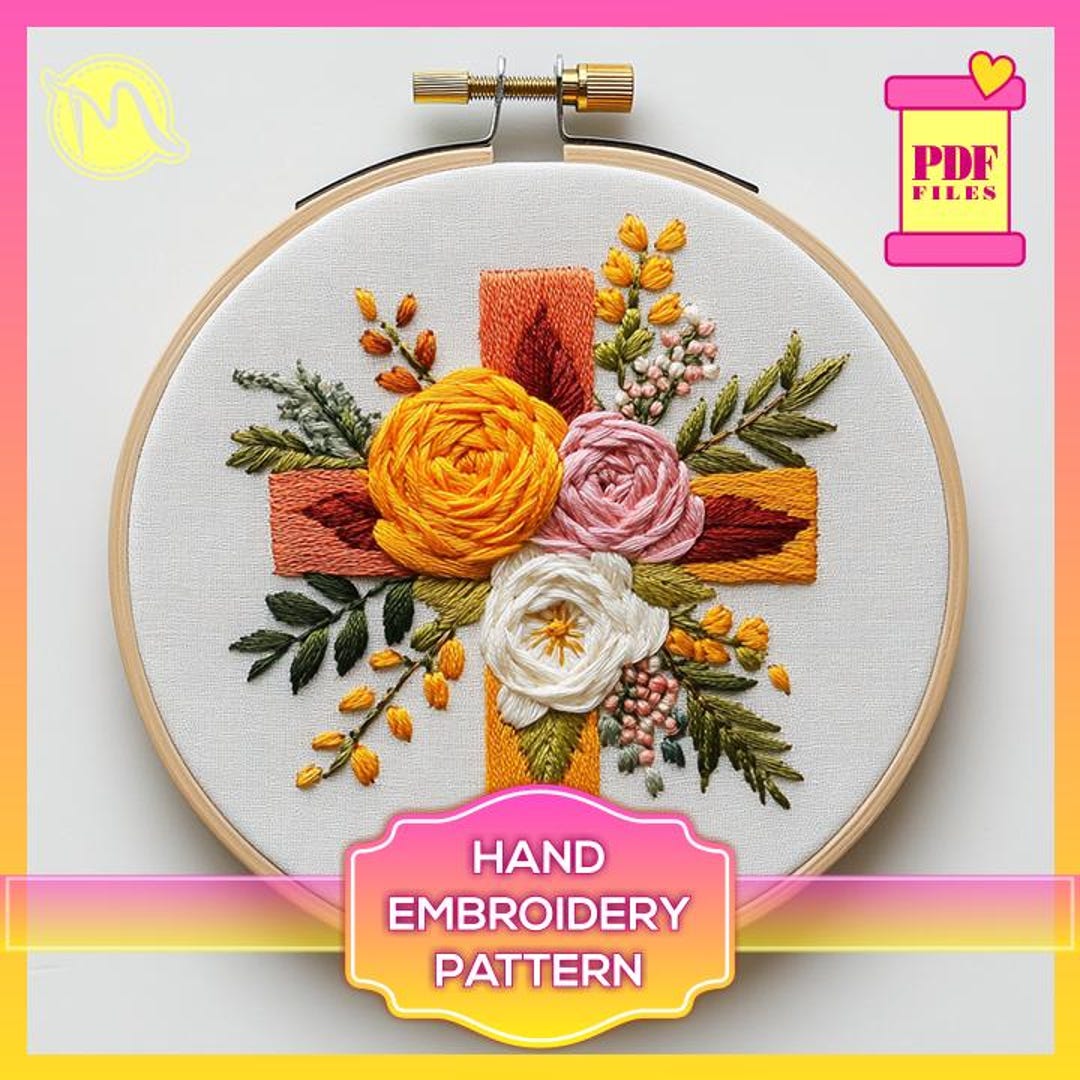 Floral Cross Hand Embroidery Pattern - Christian Satin Stitch Design ...