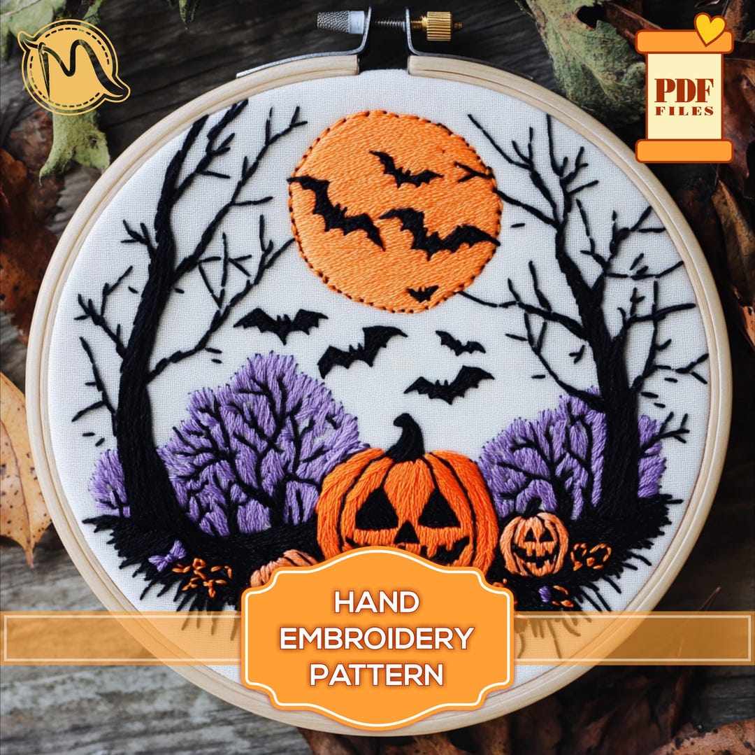 Intricate Halloween Satin Stitch Embroidery Pattern: Jack-o'-lantern ...