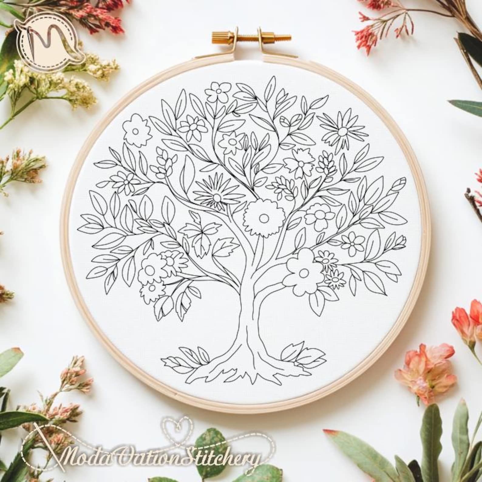 Floral Tree Embroidery Pattern Whimsical Blossom Tree Design. Satin ...