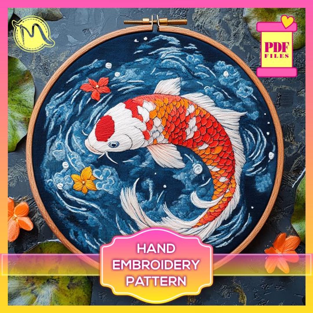 Koi Fish Satin Stitch Embroidery Pattern – Vibrant Aquatic Decor ...
