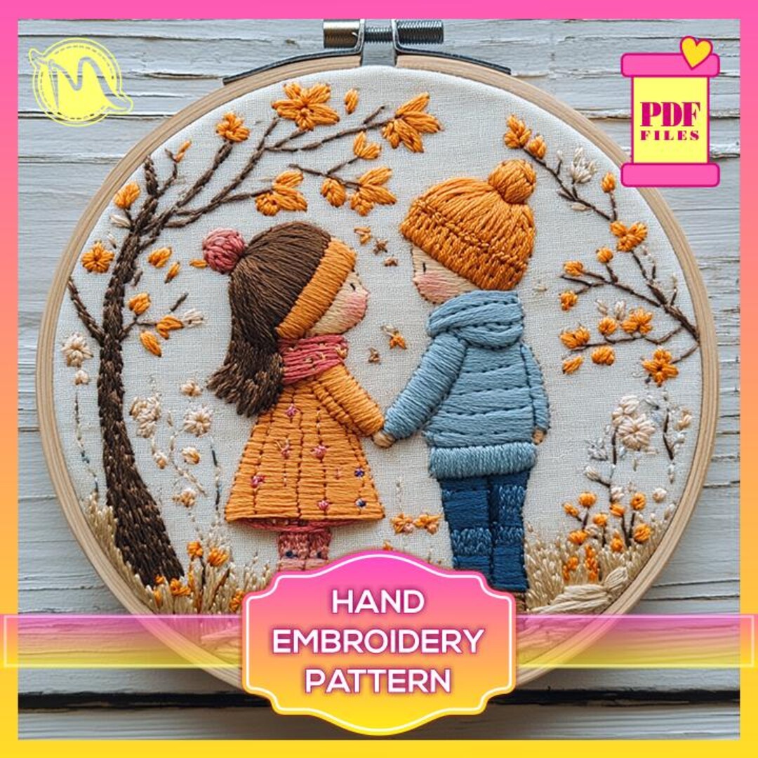 Whimsical Fall Love 2 Embroidery Hoop Art of a Boy and Girl in an ...
