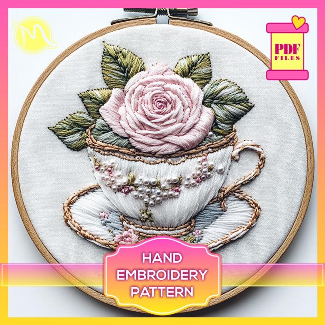 Rose in Tea Cup Embroidery Pattern – Romantic Satin Stitch Floral ...