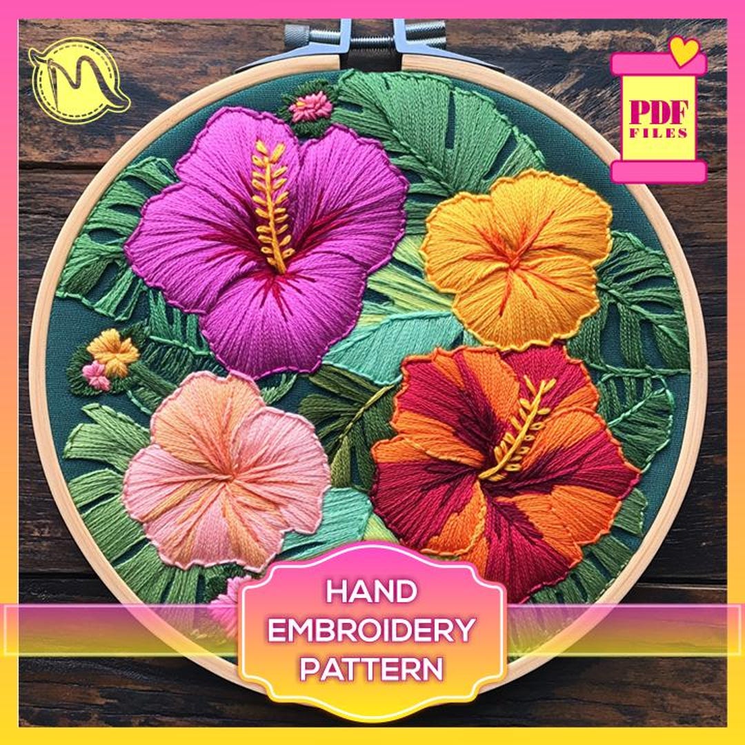 Hibiscus Hand Embroidery Pattern – Tropical Flower Digital PDF Design ...