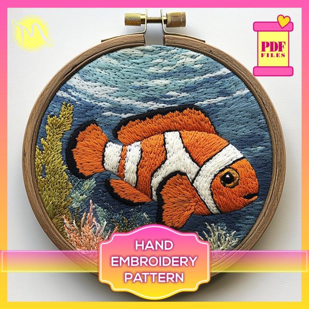 Clown Saltwater Fish With Corals Embroidery Pattern Vibrant Satin ...