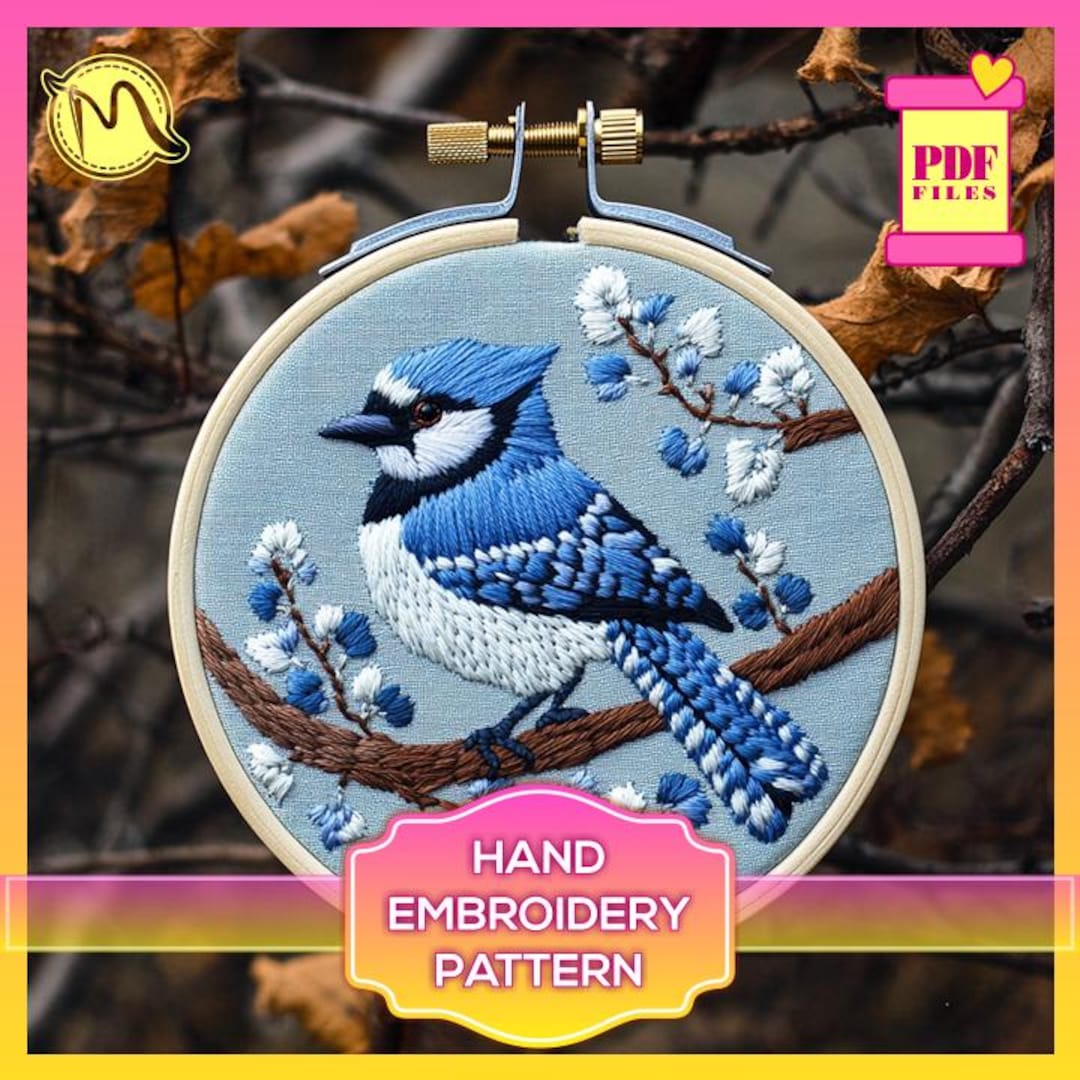 Blue Jay Satin Stitch Embroidery Pattern - Bird DIY Design (PDF Pattern ...