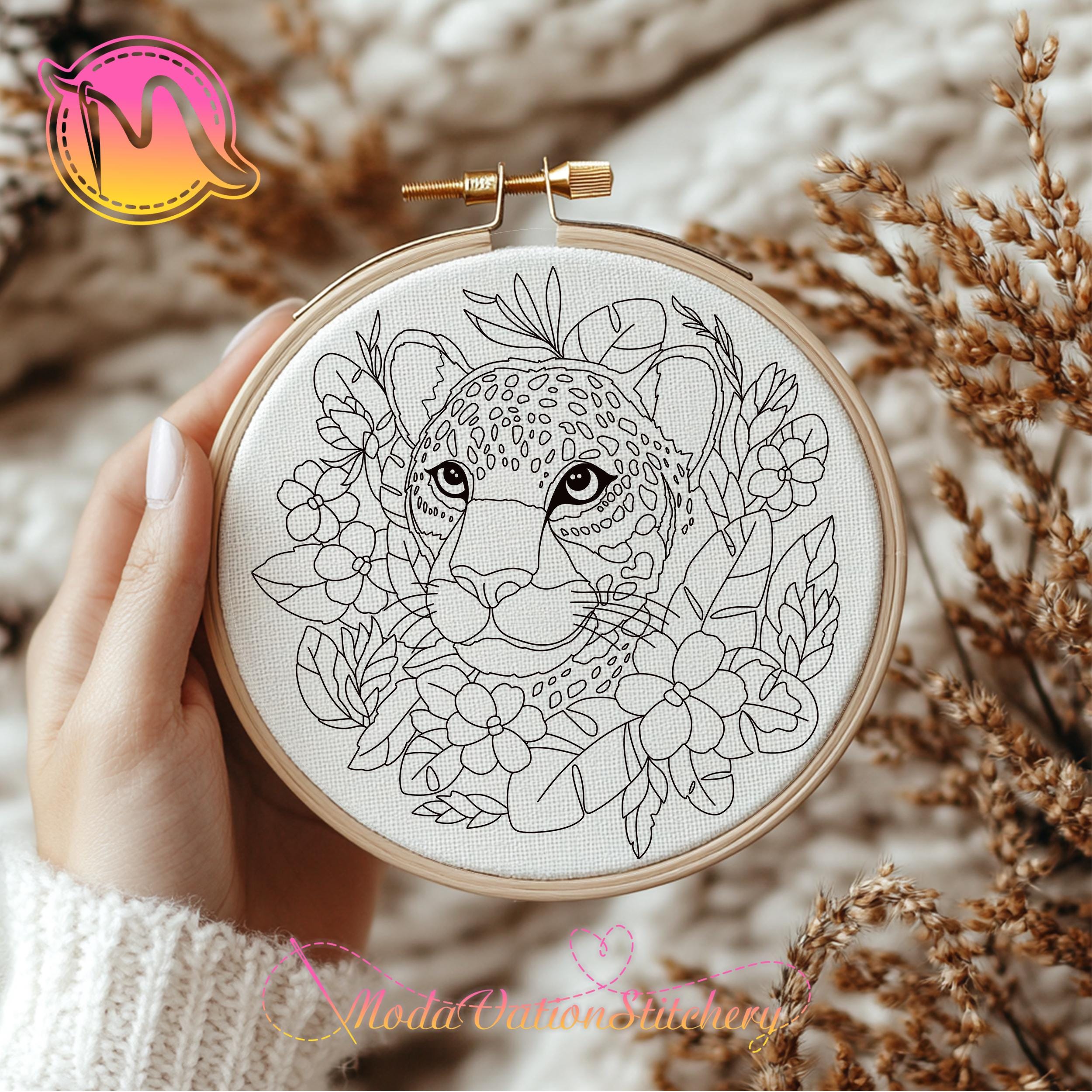 Wild Jaguar Hand Embroidery Pattern Floral Jungle PDF Design for ...