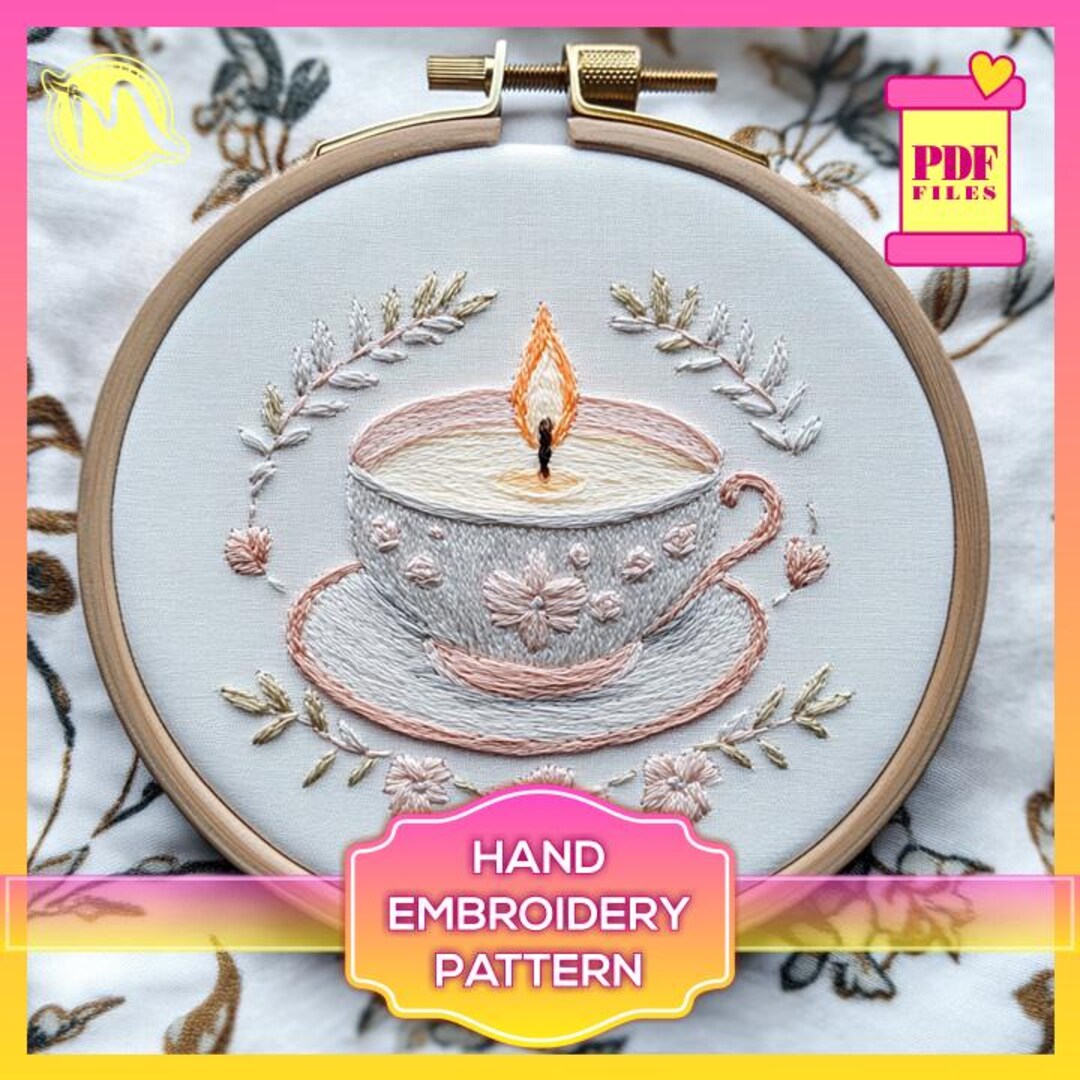Tea Cup Candle Embroidery Pattern – Satin Stitch Design (PDF Pattern ...