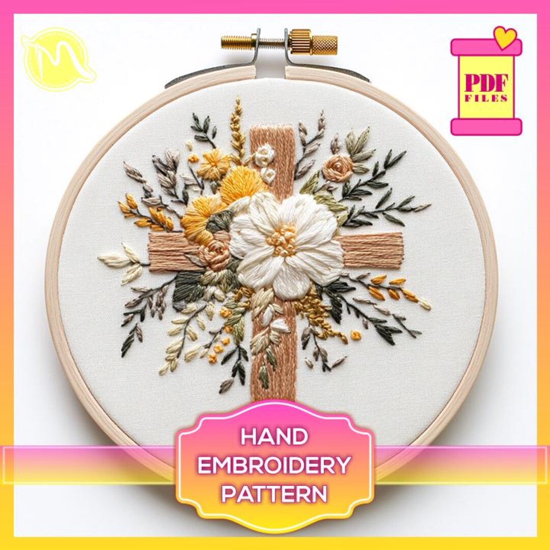 Floral Cross Hand Embroidery Pattern - Satin Stitch Christian Design ...