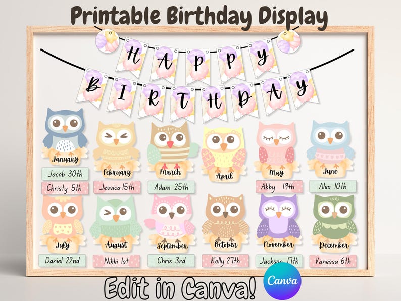 Editable Boho Owl Classroom Birthday Board, Pastel Classroom Birthday ...