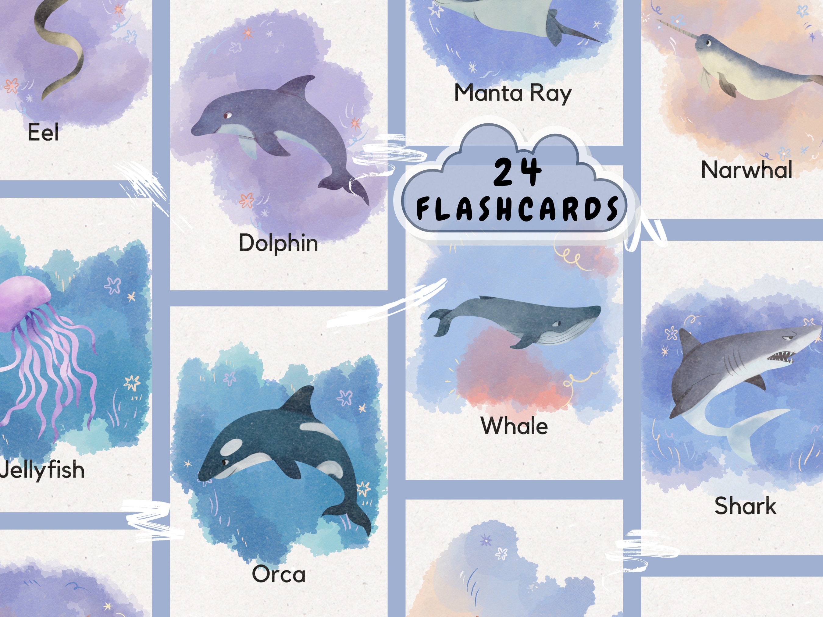24 Ocean Creatures Flashcards, Toddler Flash Cards Preschool ...
