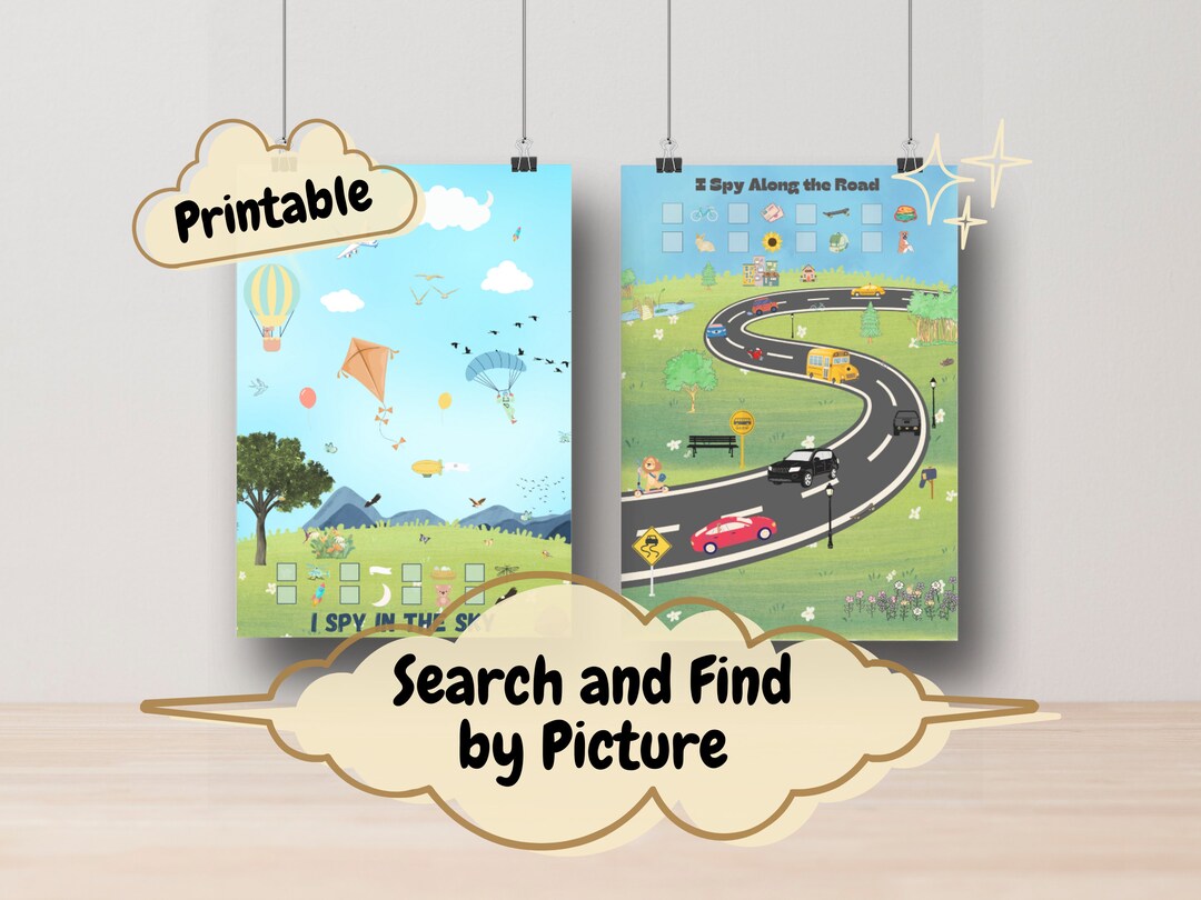 Kids Activities I Spy Search and Find by Picture, Outdoors Sky and Road ...