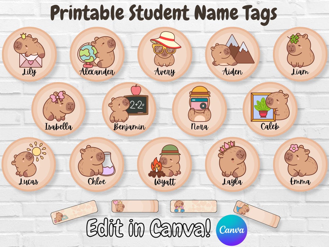 Editable Capybara Classroom Name Tags, Student Desk Label Template ...