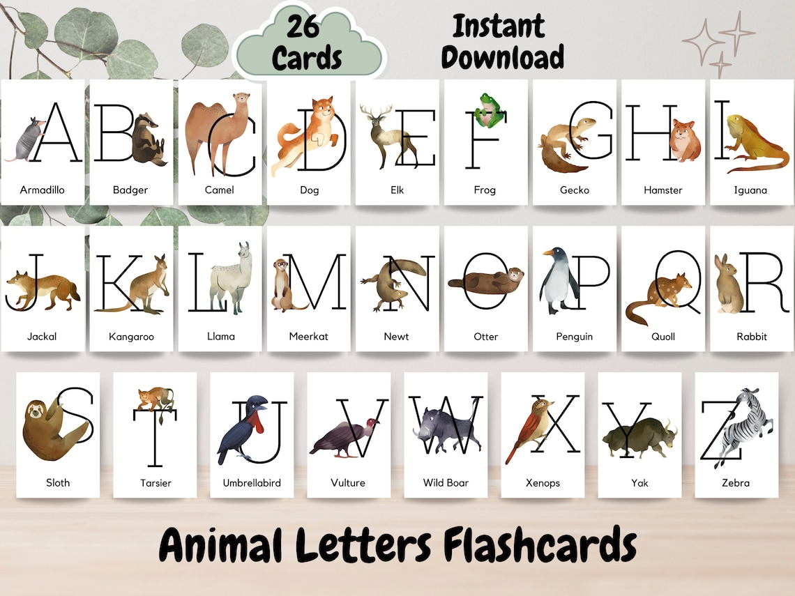 Animal Letters Flashcards, Alphabet Cards, Printable Toddler Flash ...