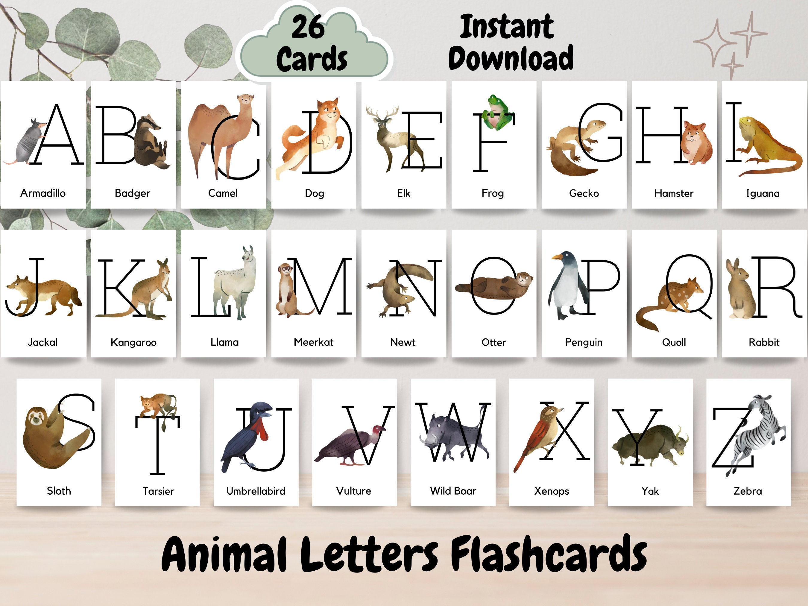 Animal Letters Flashcards, Alphabet Cards, Printable Toddler Flash ...
