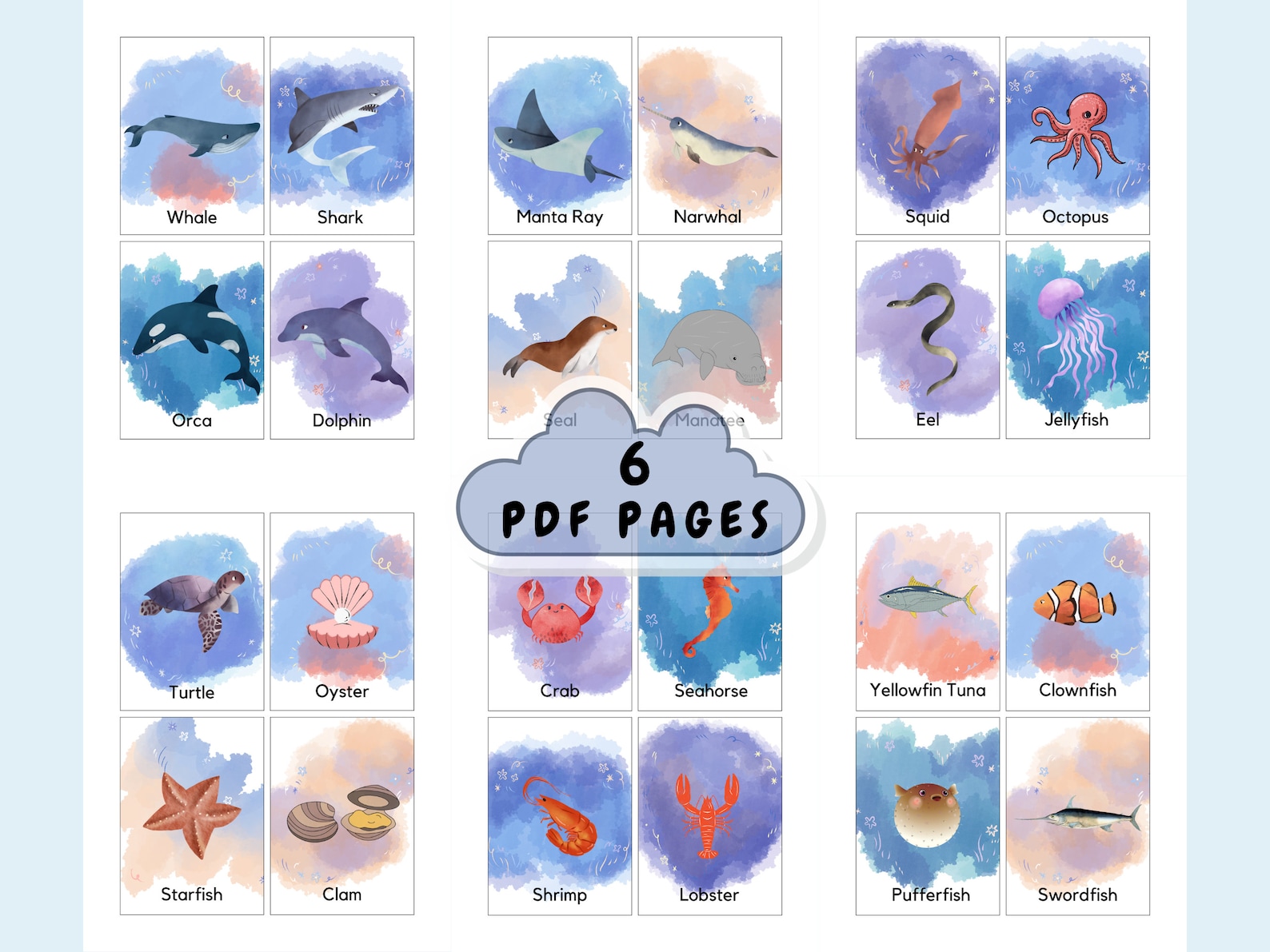 24 Ocean Creatures Flashcards, Toddler Flash Cards Preschool ...