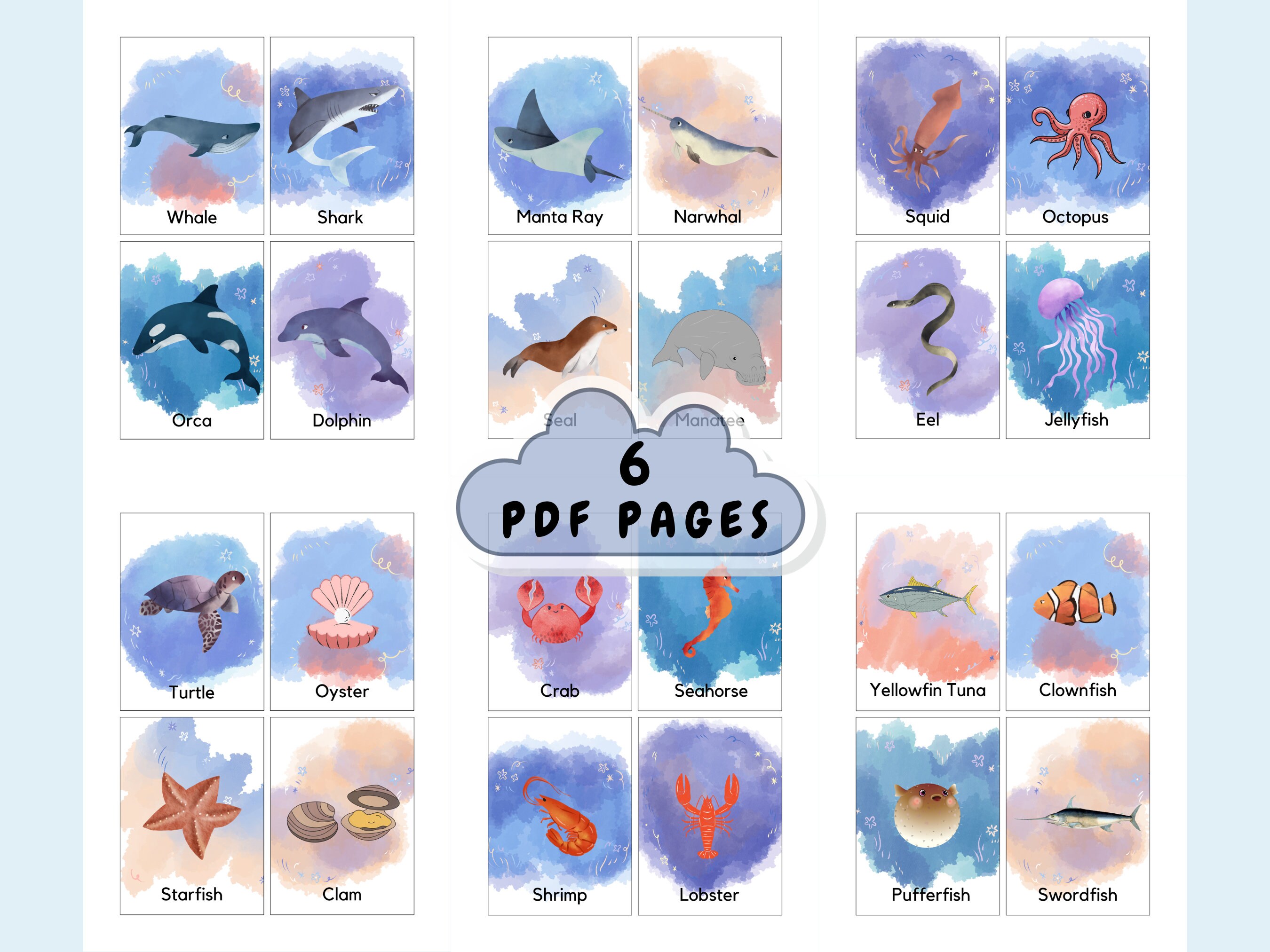 24 Ocean Creatures Flashcards, Toddler Flash Cards Preschool ...