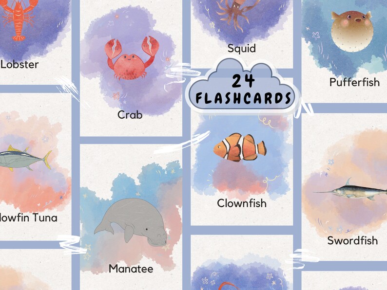 24 Ocean Creatures Flashcards, Toddler Flash Cards Preschool ...