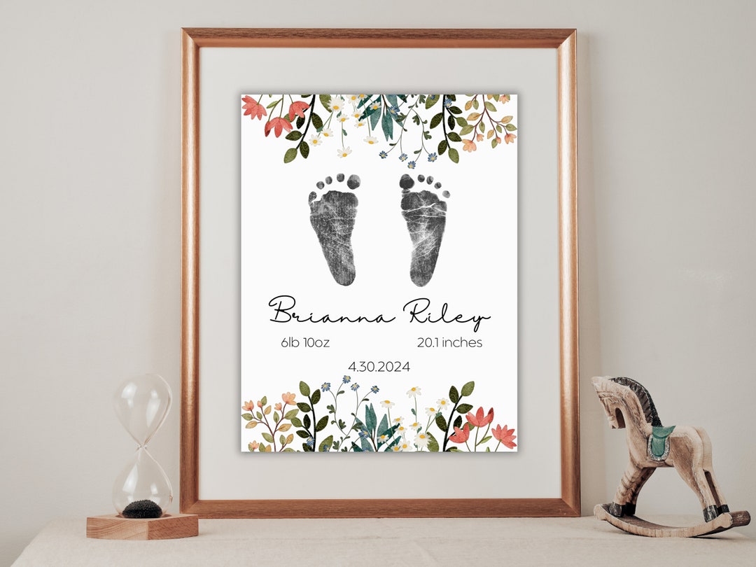 Newborn Birth Stats Footprint, Custom Baby Footprint Art, Floral ...