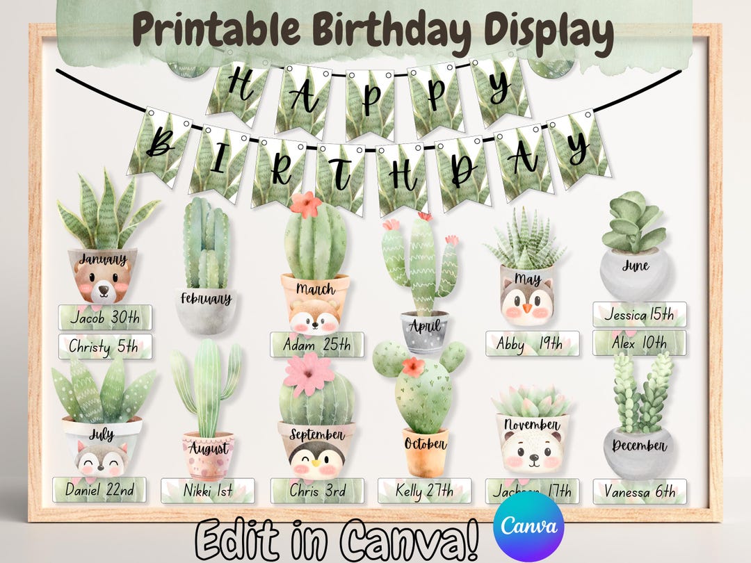 Editable Boho Cactus Classroom Birthday Board, Calm Classroom Birthday ...