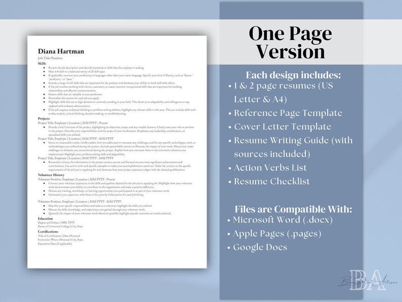 ATS Friendly Resume Template Word, Resume Google Docs, Pages, Cover Letter & References Template ...